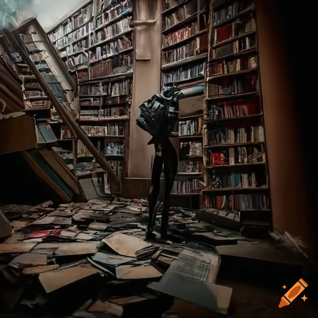 Cyborgs in an abandoned library with fallen shelves of books, one ...