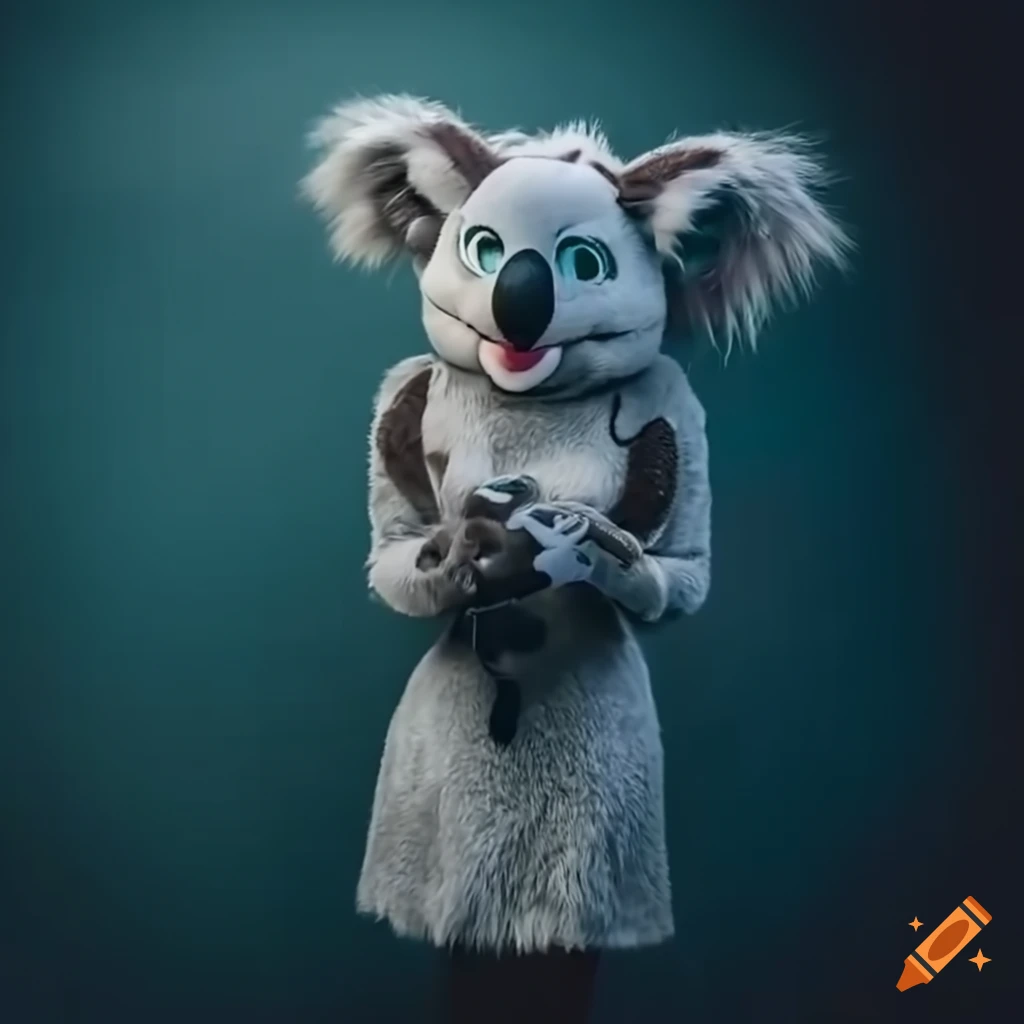 Female teacher in full body koala mascot fursuit at school hallway on ...
