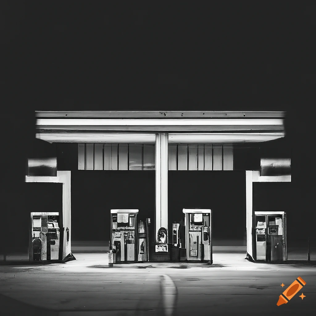 Monochrome gas station photo on Craiyon