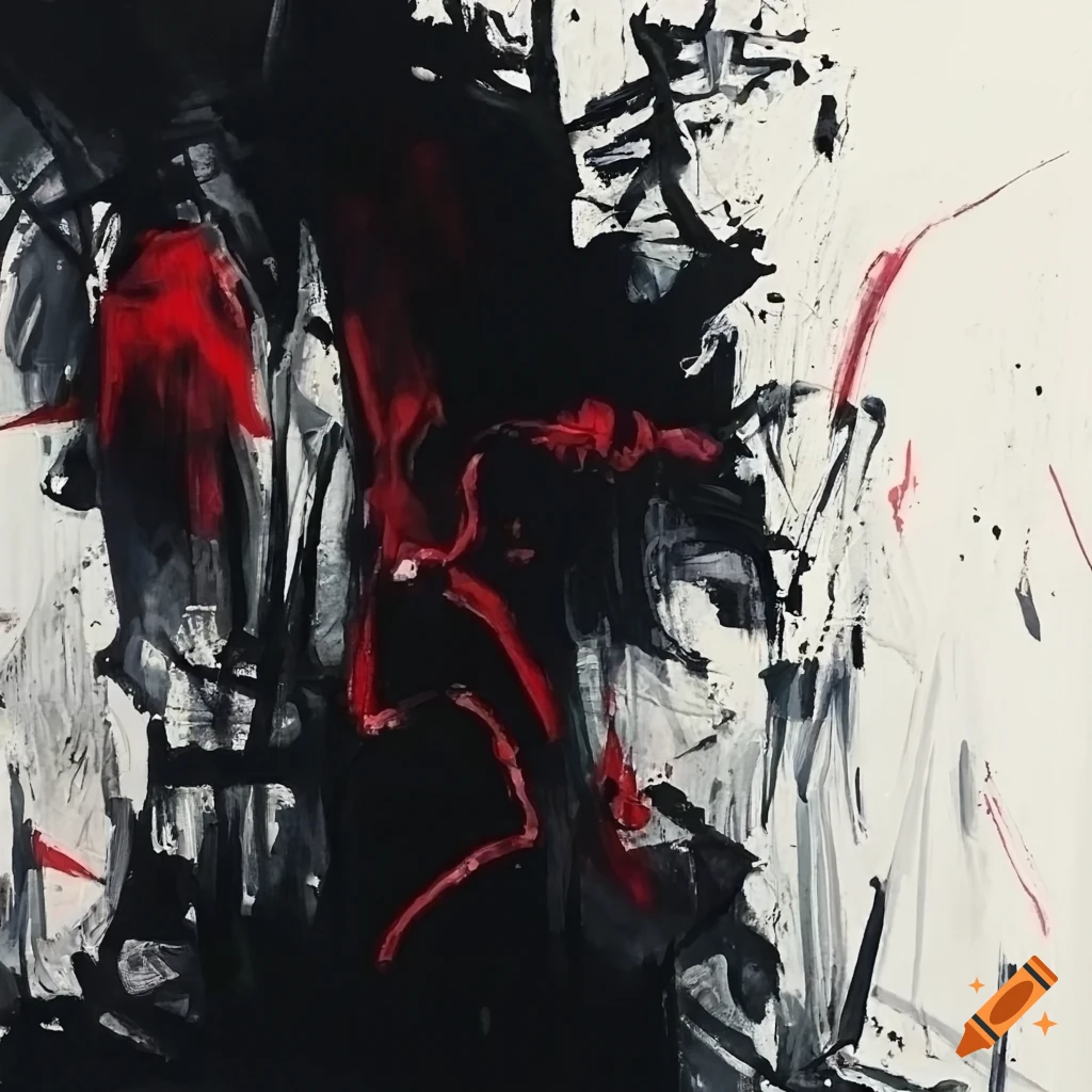 Abstract black, white, and red painting in the style of pollack on Craiyon