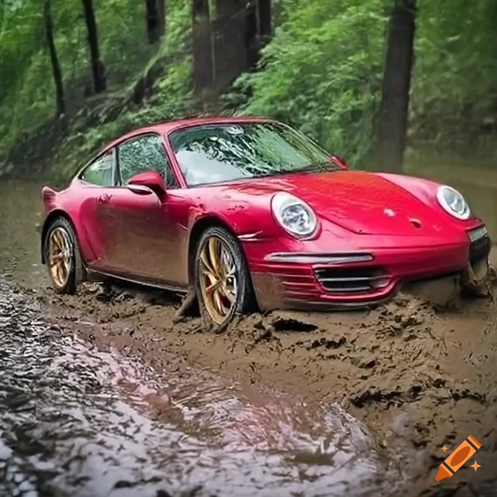 Red porsche 911 stuck in the mud on a dirt road with people trying to ...