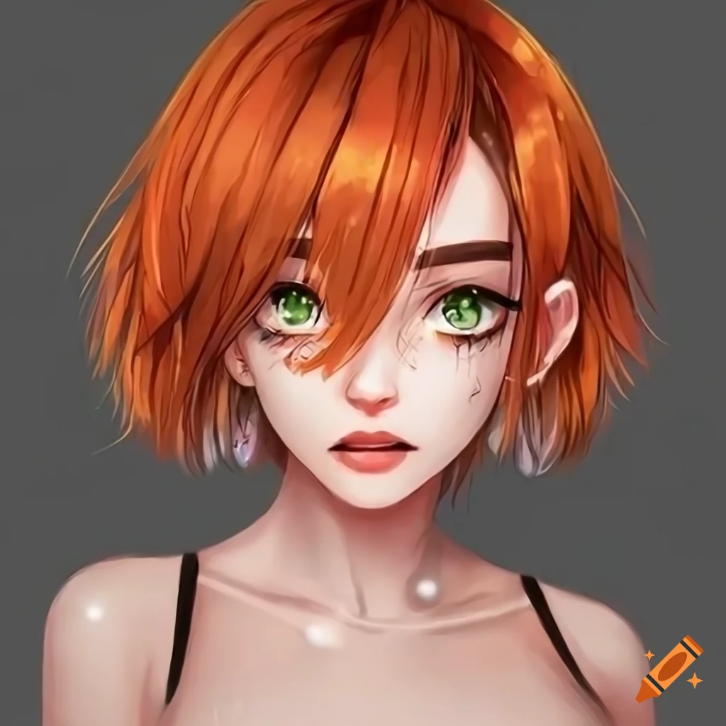 Anime woman with orange hair, freckled nose, winking right eye and ...