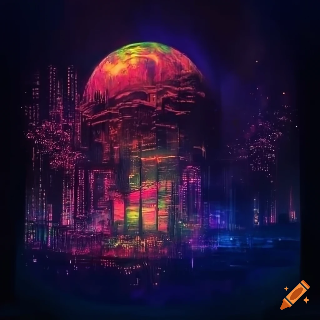 Abstract artwork of psychedelic dirigible and illuminated 'pax ...