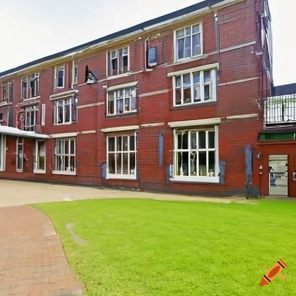 Three-story school building facade on Craiyon