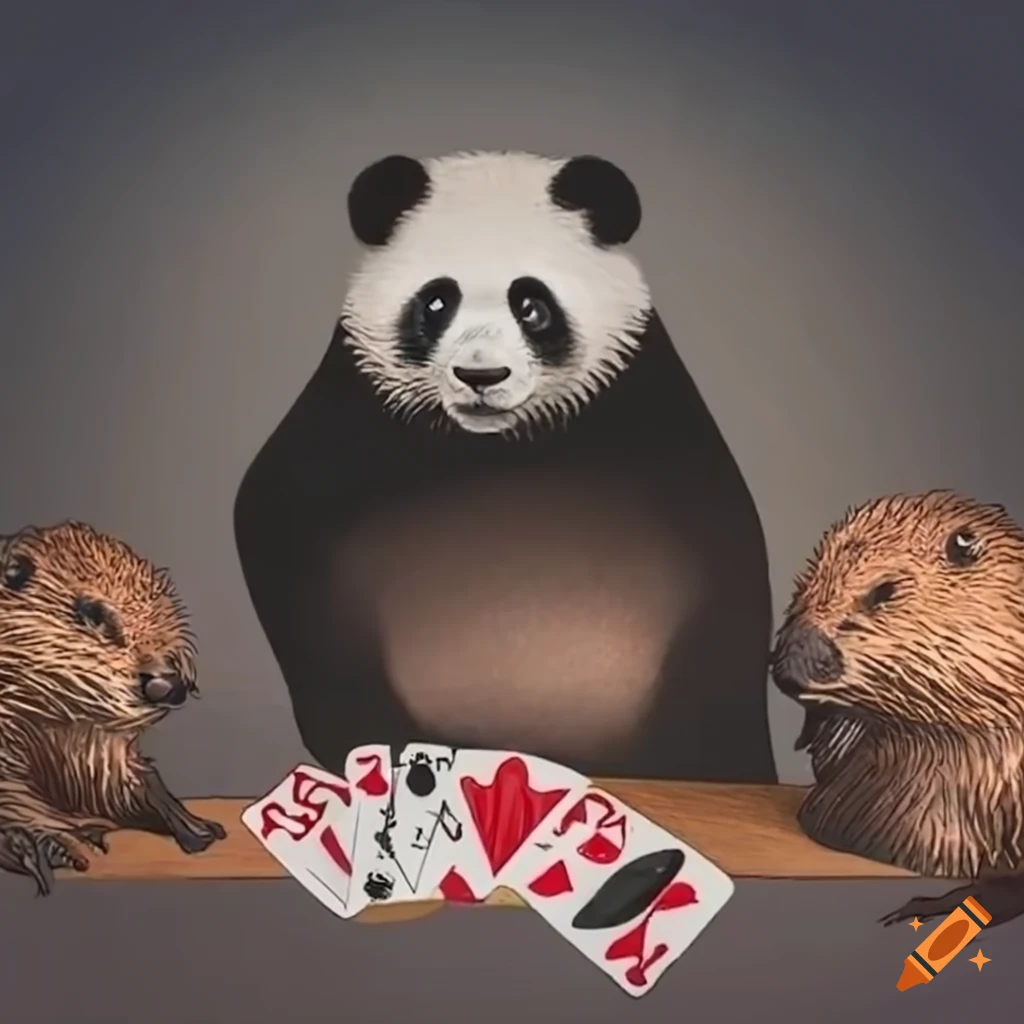 Panda and beavers playing cards at a table on Craiyon