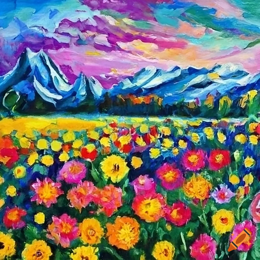 Colorful field of flowers in a painting on Craiyon