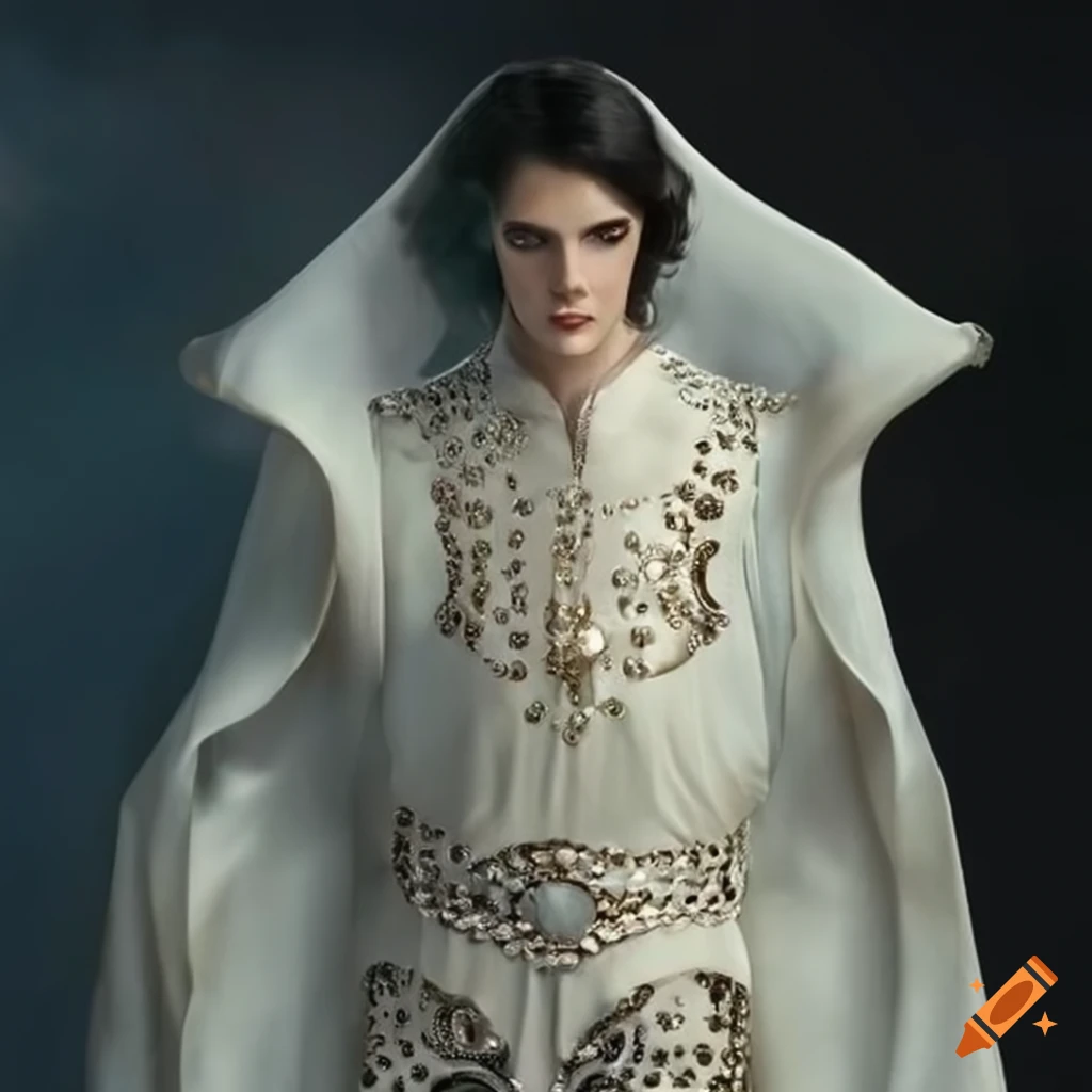 Elvish character wearing white bejeweled silk clothes in middle earth ...