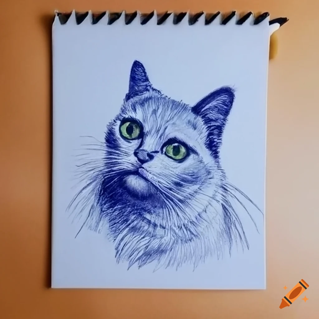 Blue ballpoint pen drawing of a cat on Craiyon