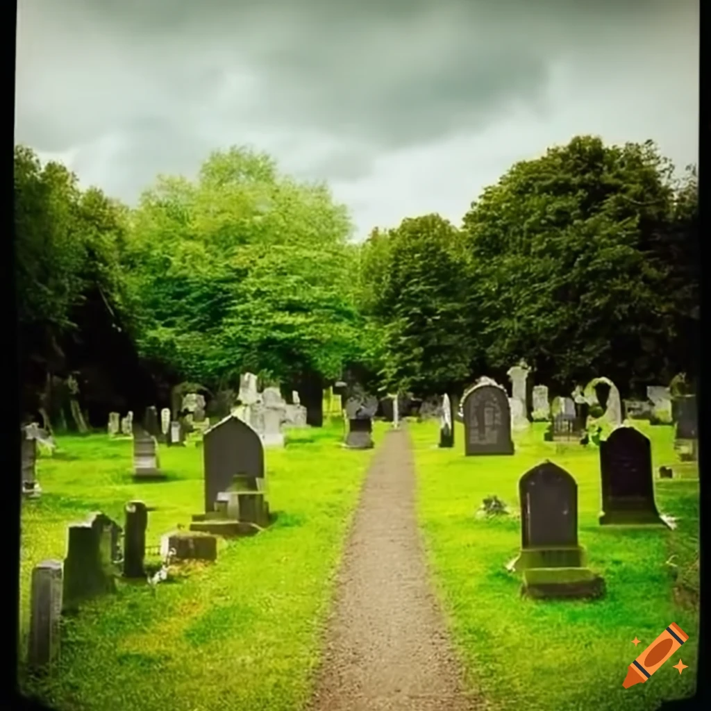 Graveyard with a small path between graves on Craiyon
