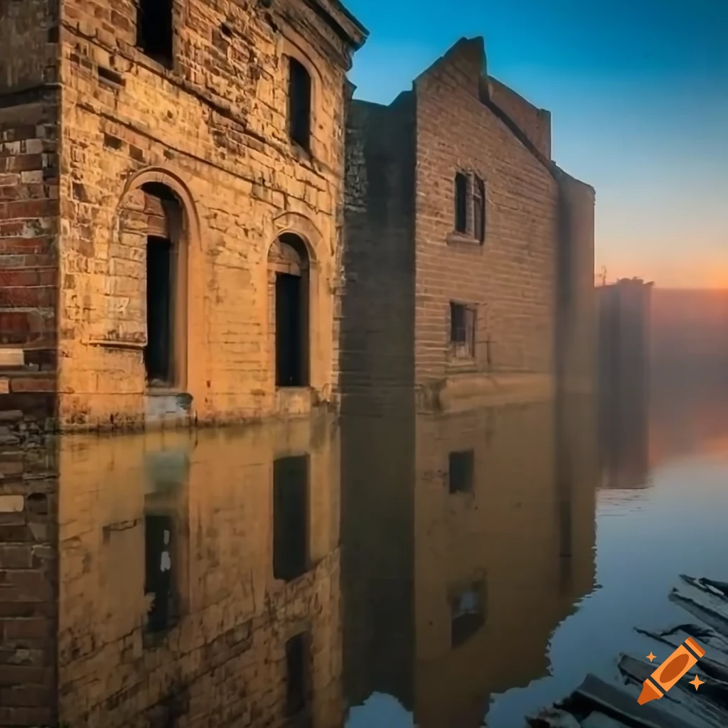 Abandoned brick and sandstone buildings sinking into water in thick fog ...