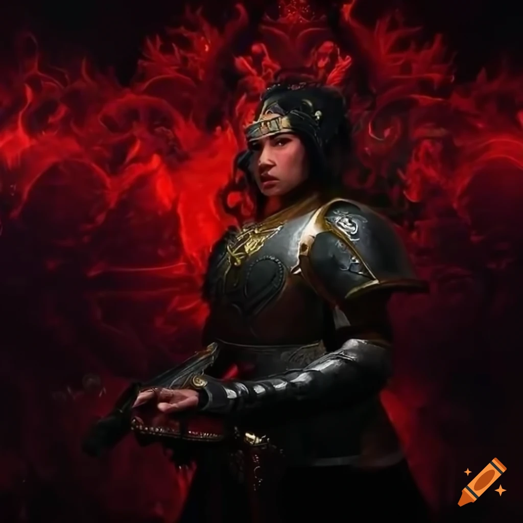 Exquisite woman warrior in a demonic throne room with flaming mountains ...