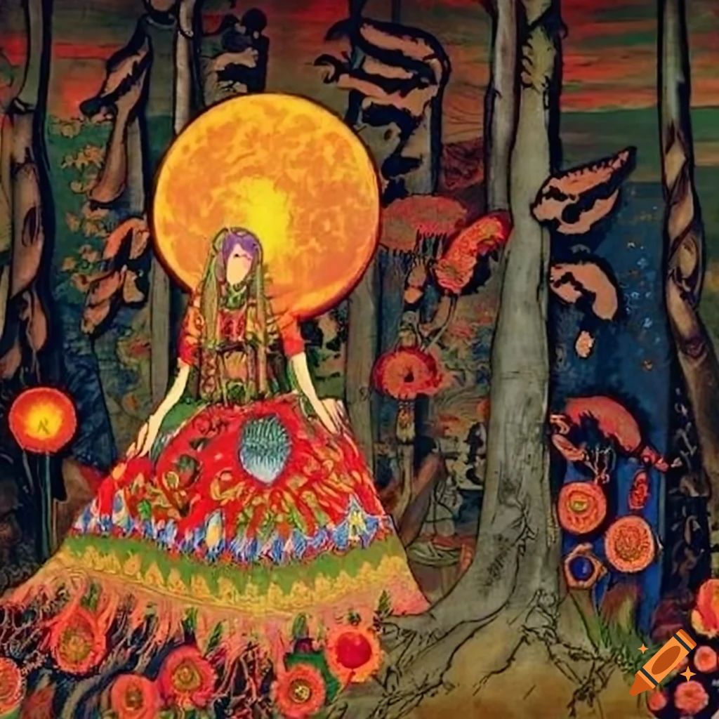 Illustration of a beautiful curandera in a forest during fall on Craiyon