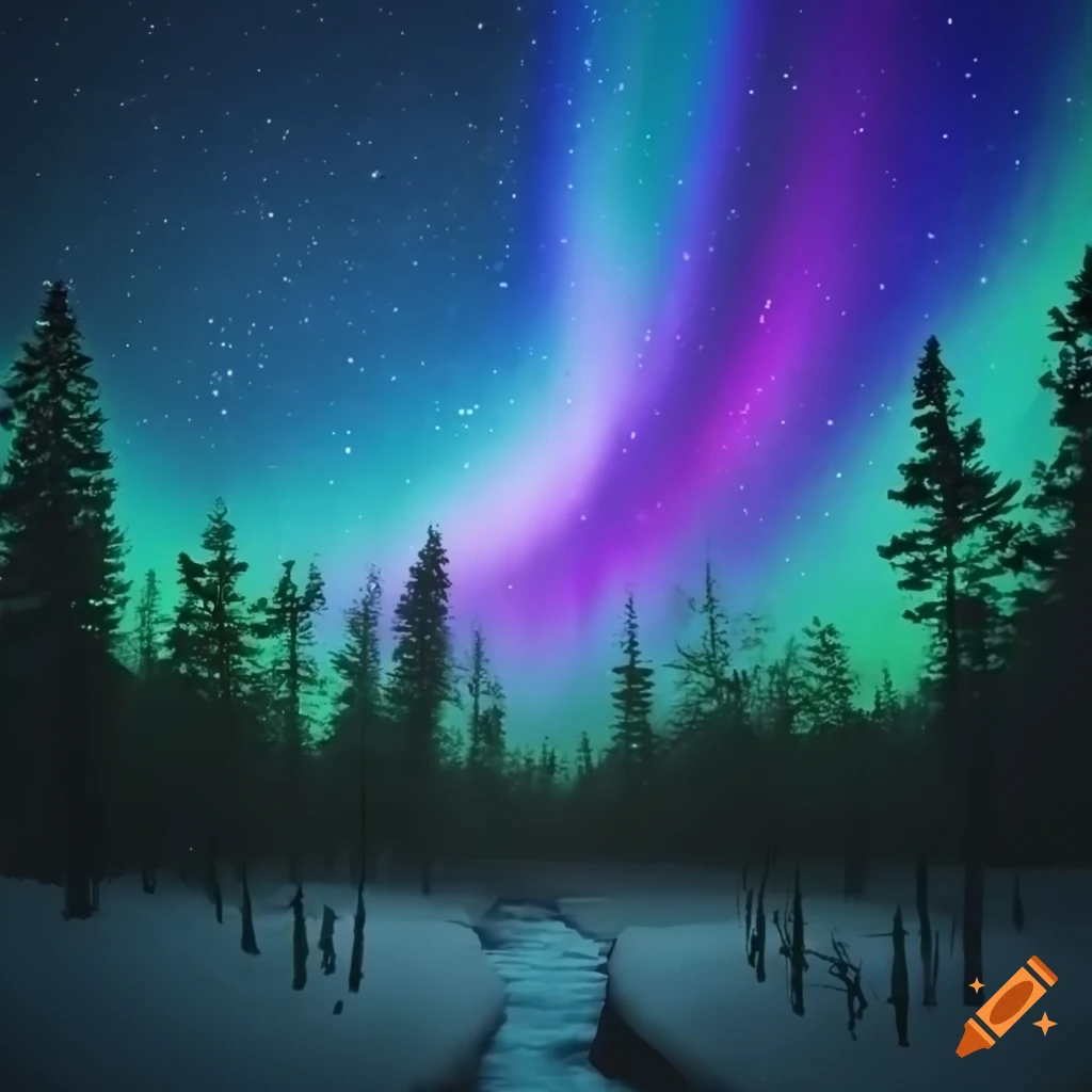 Aurora in a forest under a starry night in 16-bit style on Craiyon