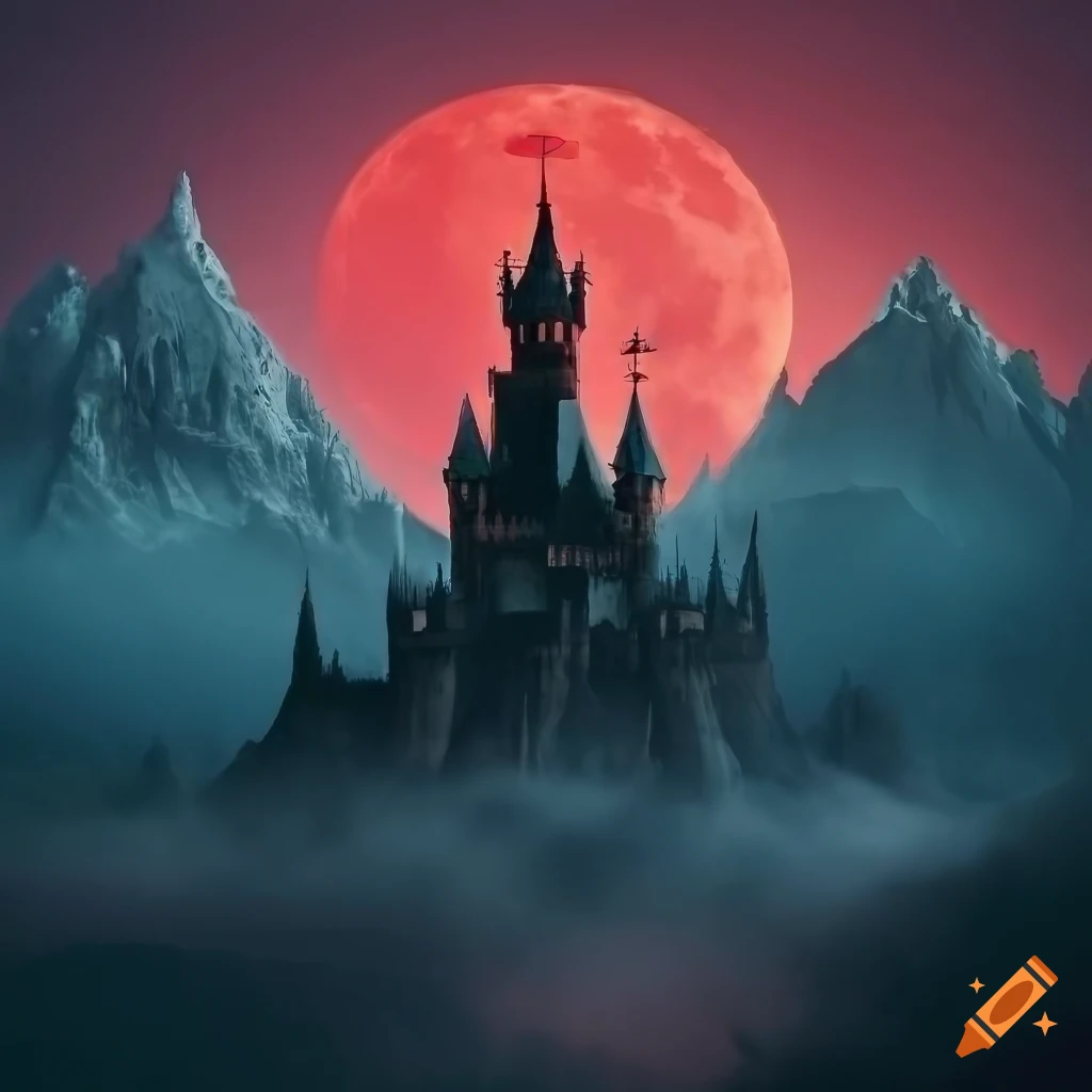 Sinister gothic castle with dragon in front of red moon and foggy ...