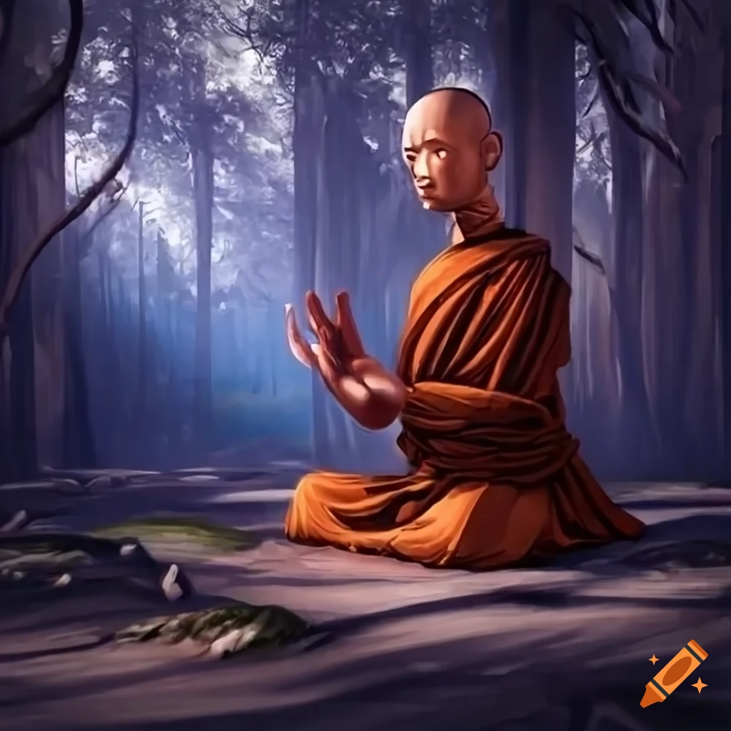 Enlightened figure imparting spiritual teachings surrounded by monks in ...