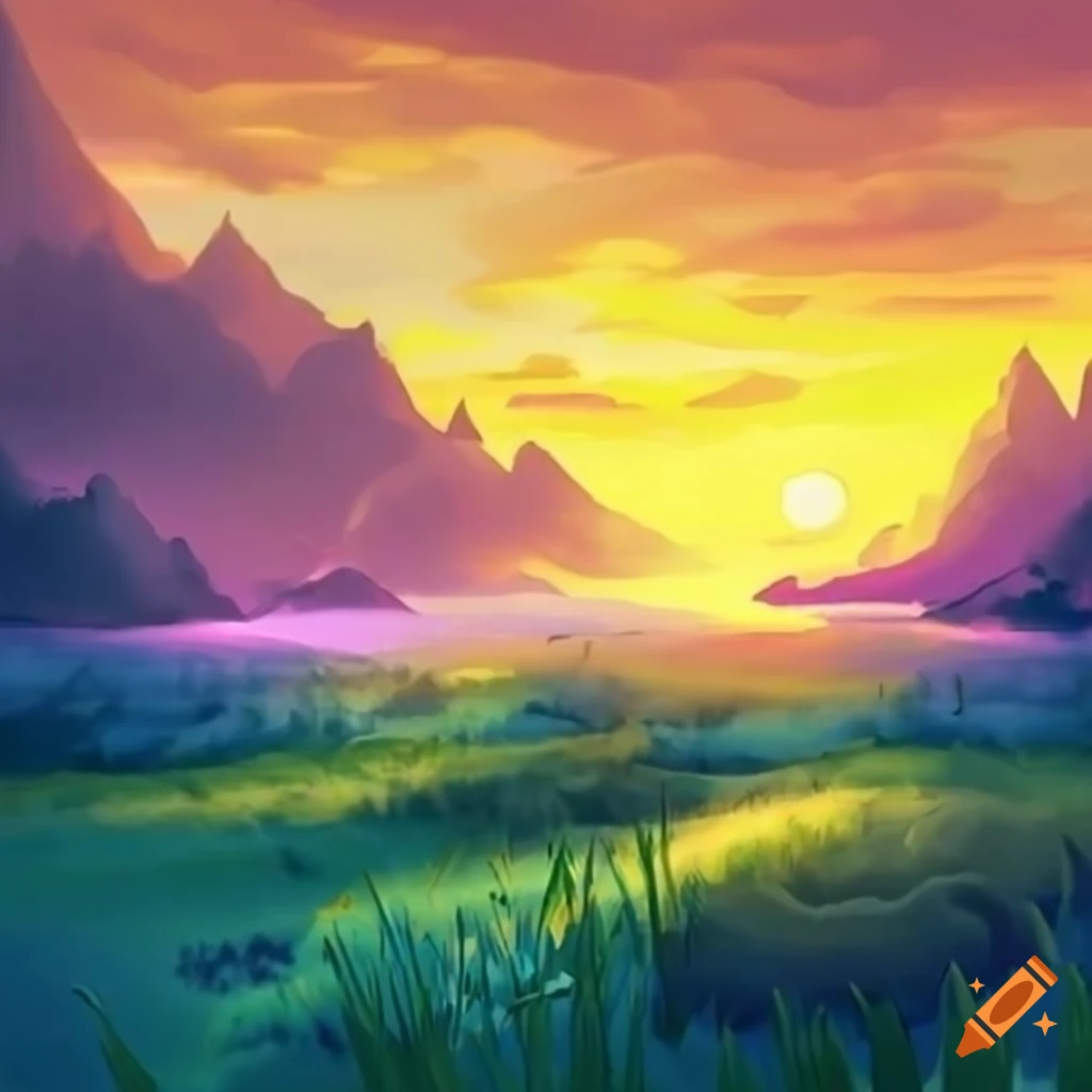Peaceful sunset field, perfect for a pokemon card background on Craiyon