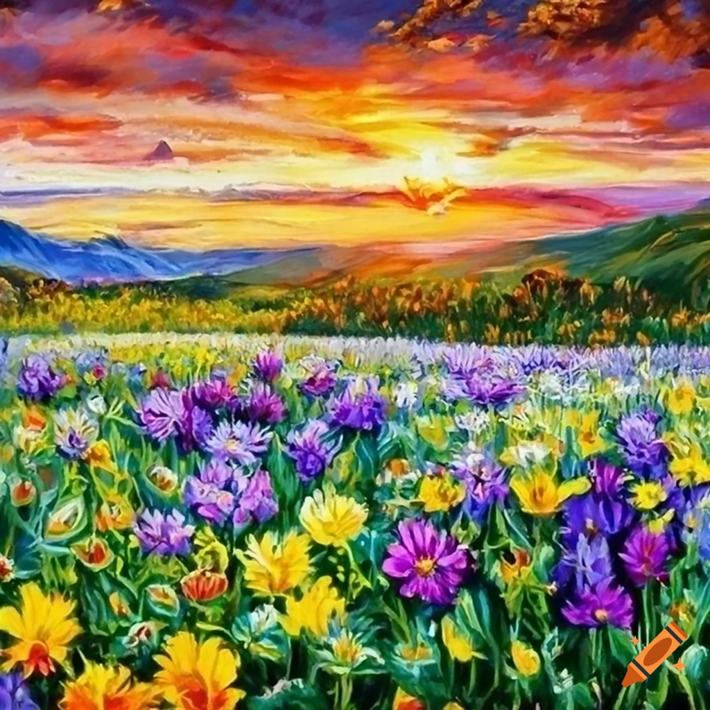 Realistic painting of colorful field of flowers in high resolution on ...