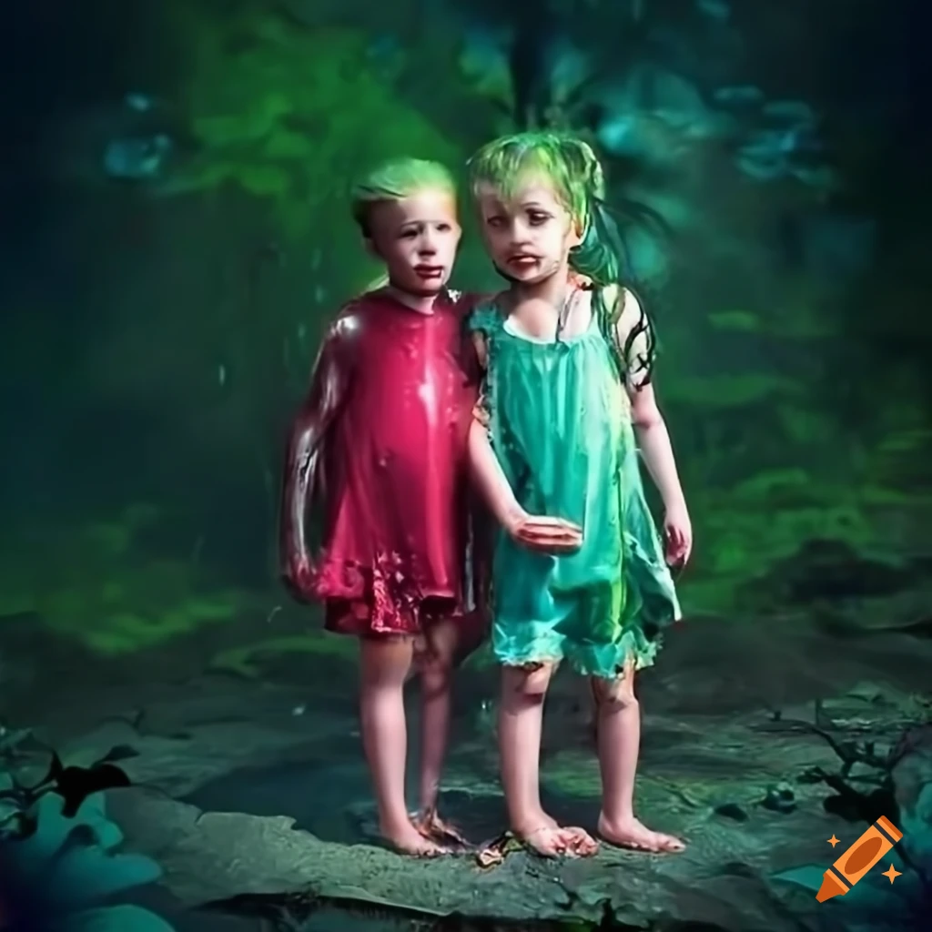 Group of children in wet clothes surrounded by jungle-like dystopia on ...