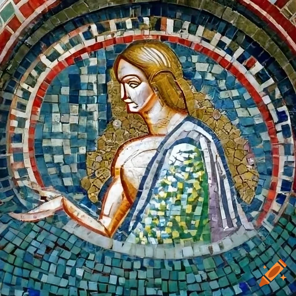 Colorful glass mosaic of a man praying in a medieval pool of water by ...