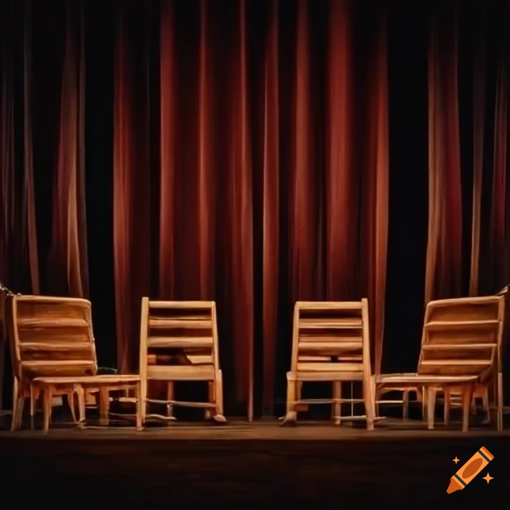 Theater stage with wooden chairs illuminated by spotlight on Craiyon