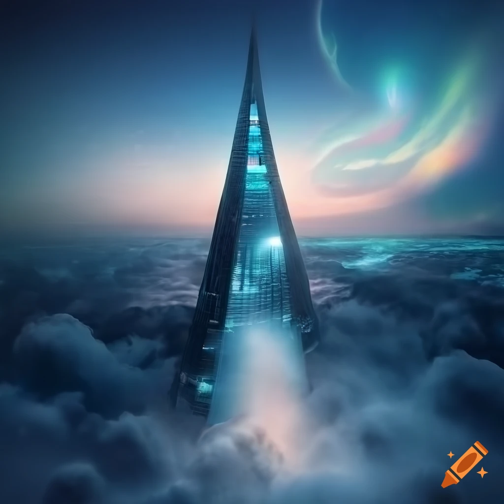 Futuristic menacing black tower rising above field of clouds in cosmic ...