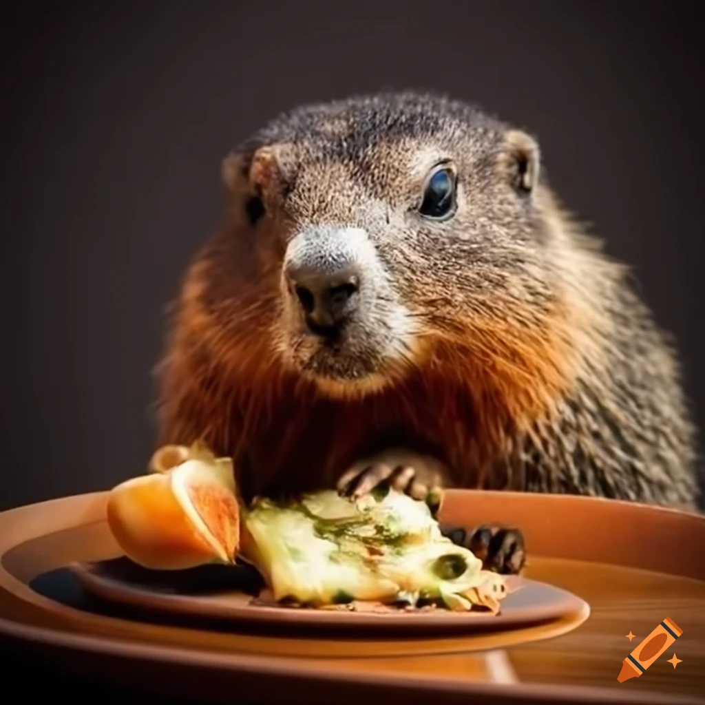Cute marmot enjoying cuisine at an elegant dining spot on Craiyon