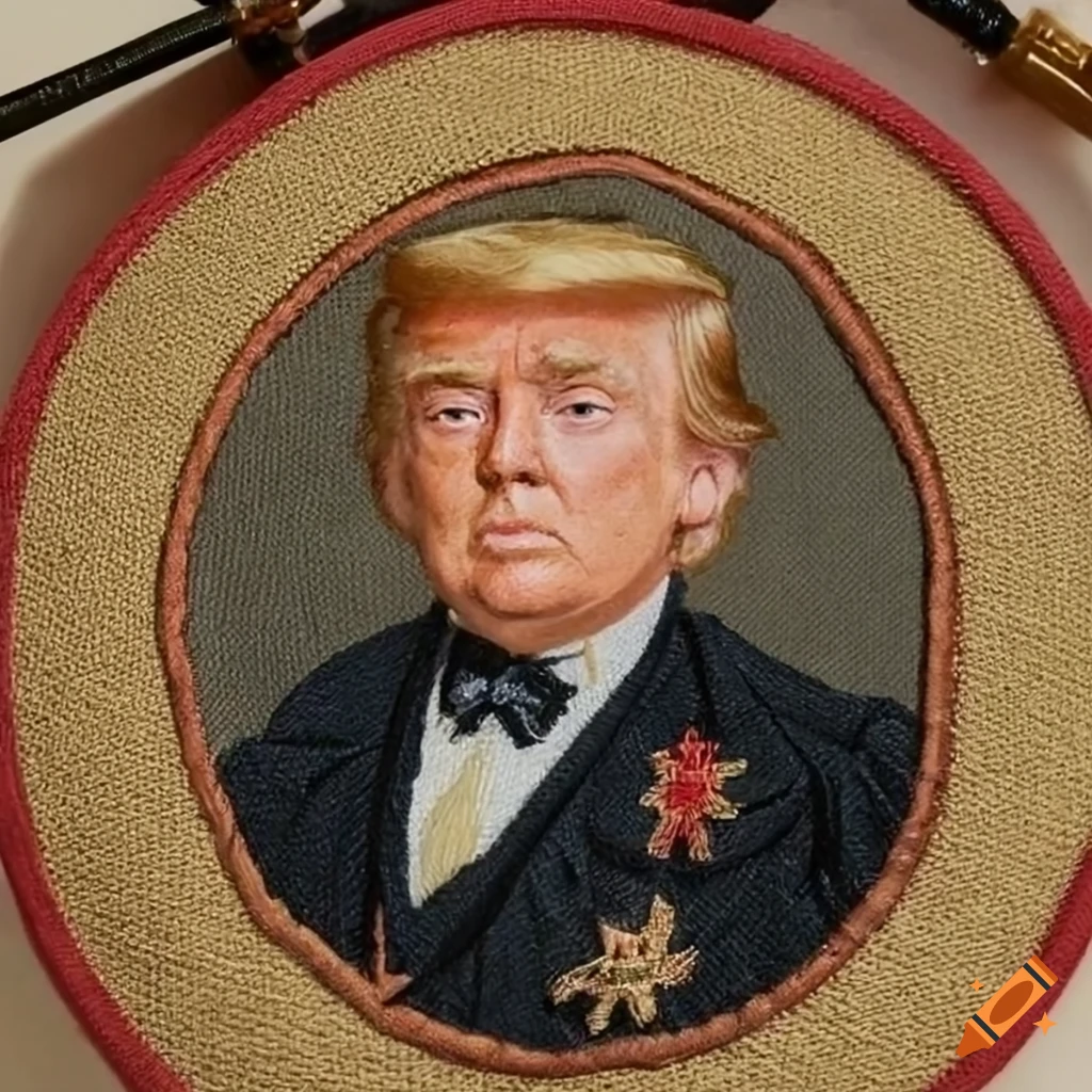 Vintage embroidery close-up portrait of Donald Trump as a general on ...