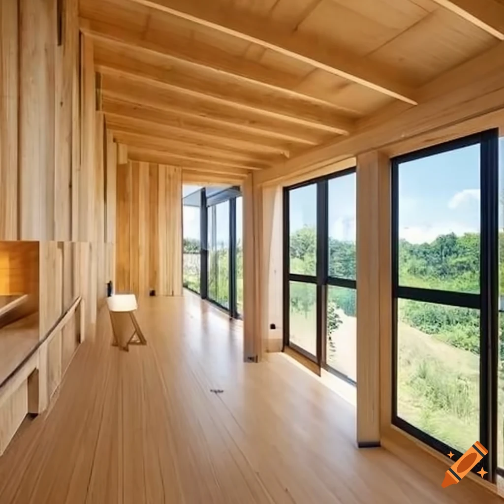 Interior of a sustainable house made of mass timber on Craiyon