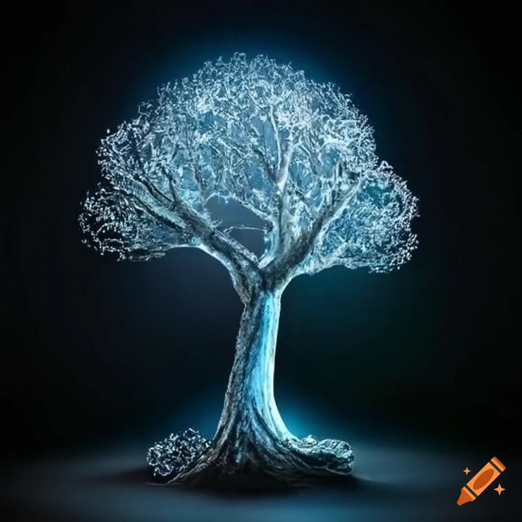 Glowing silver tree in a mystical setting on Craiyon