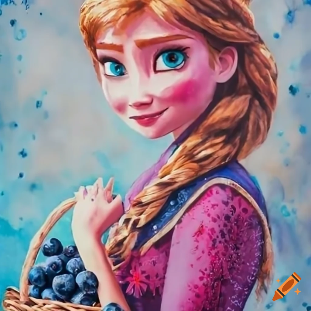 Anna collecting blueberries with a basket in a forest setting on Craiyon