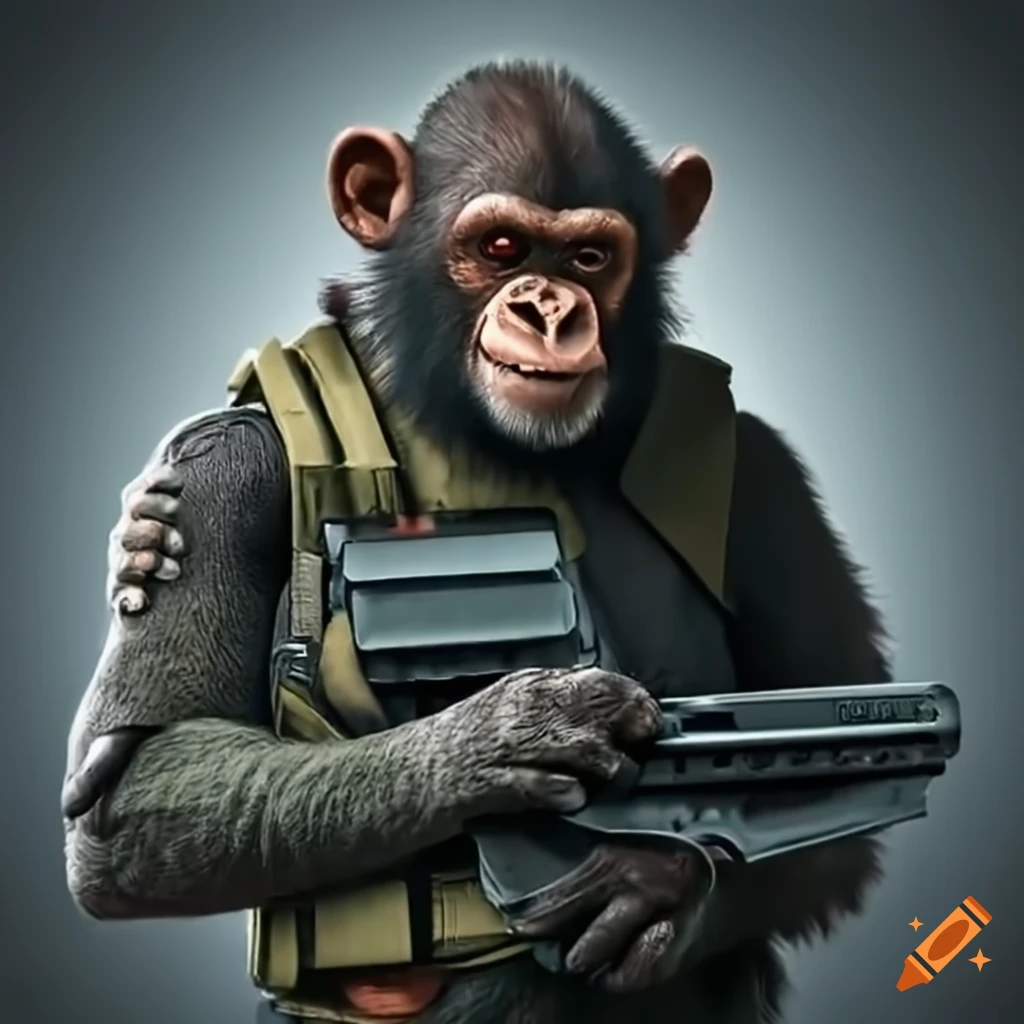 Chimpanzee in tactical outfit holding a keyboard weapon on Craiyon