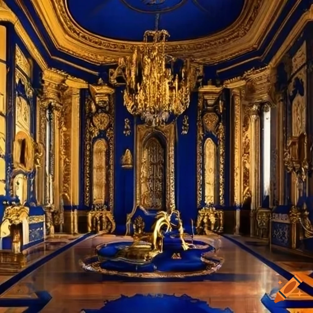 Castle interior accented with royal blue and gold on Craiyon