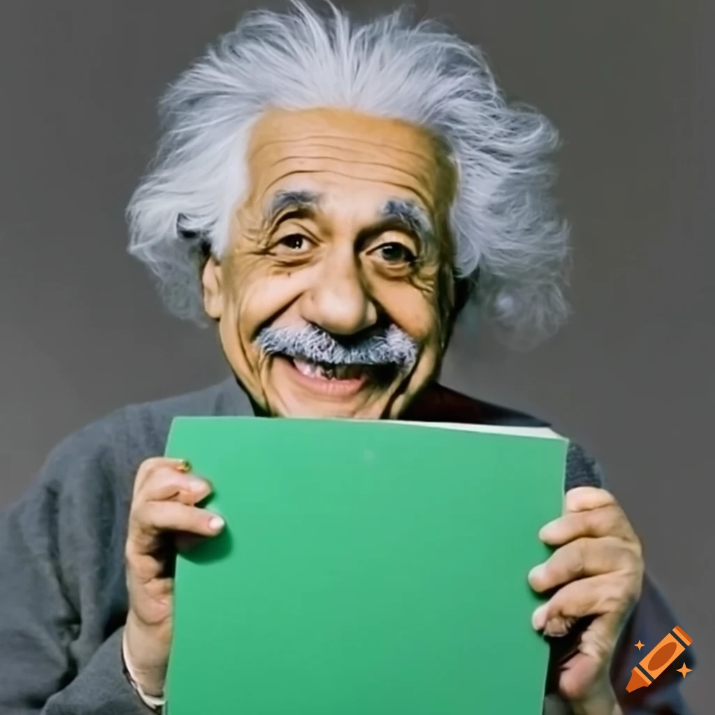 Albert einstein smiling and holding a green folder on Craiyon
