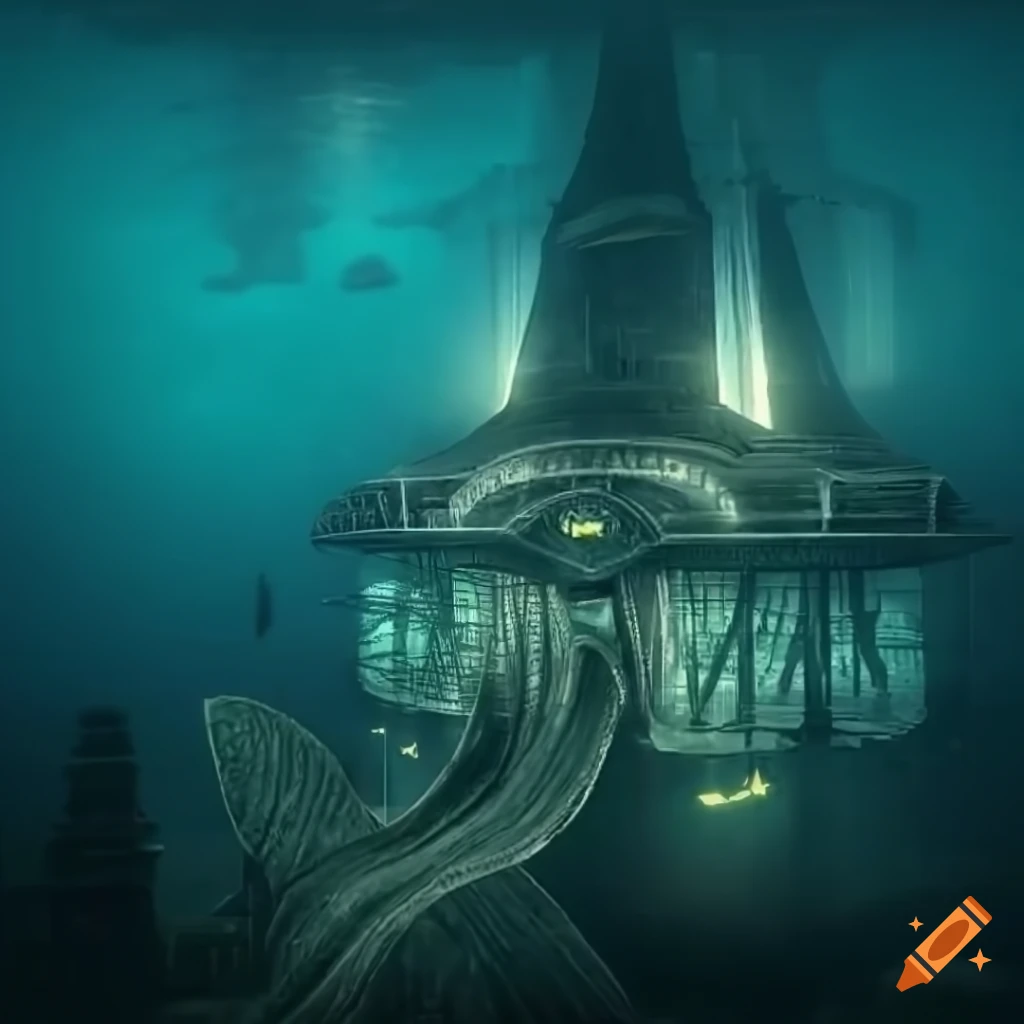 Underwater futuristic living base with tall ships and towering metal ...