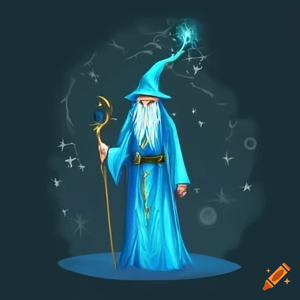 Mythical blue wizard with traditional magic symbols on Craiyon