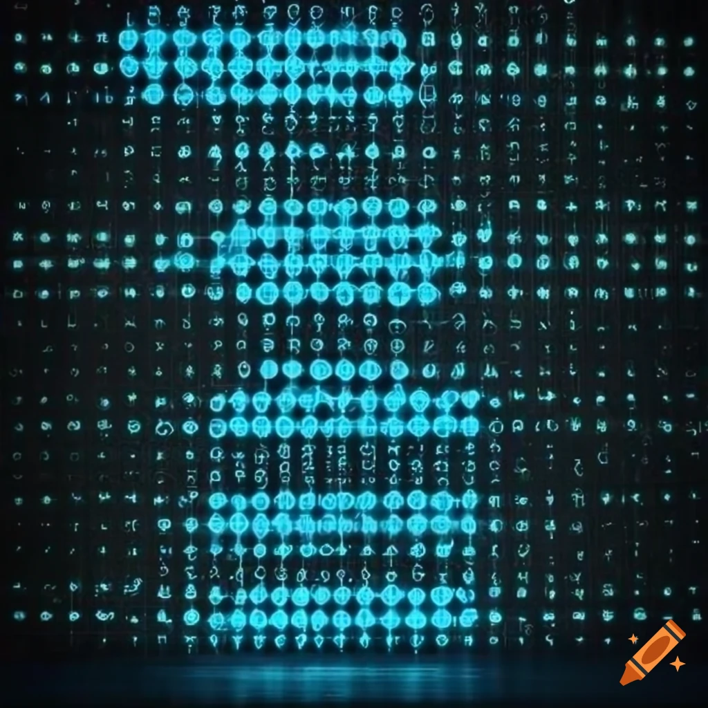 Cascading binary numbers in neon colors on a dark background on Craiyon