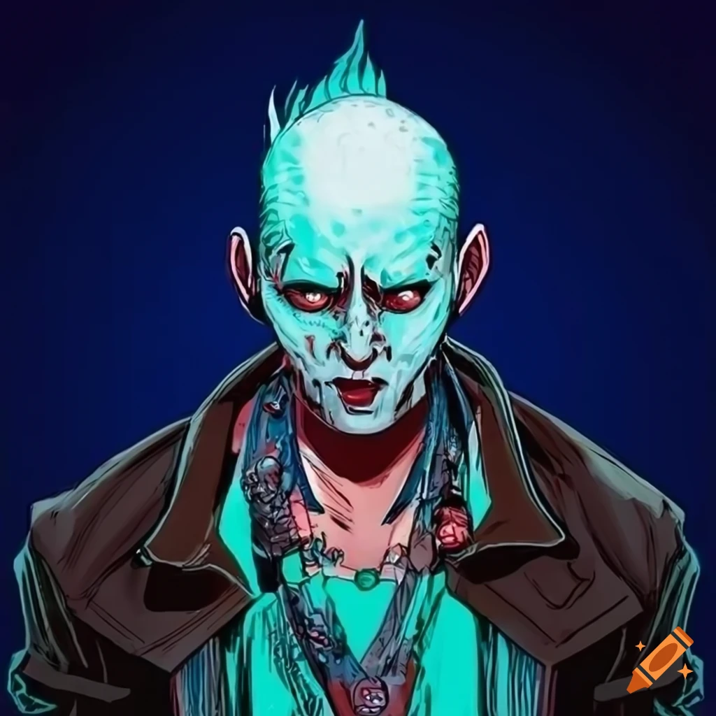 Male android punk character with shaved head in a defiant stance on Craiyon