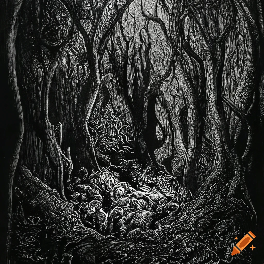 Deep woods with strange vegetation in an ink drawing style on Craiyon