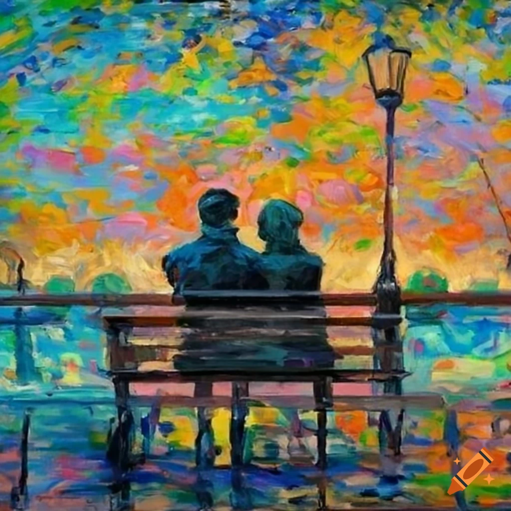 Abstract impressionism painting of a couple on a park bench in paris on ...