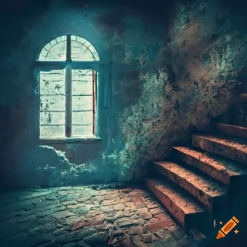 Interior of a dark cellar with small window and staircase on Craiyon