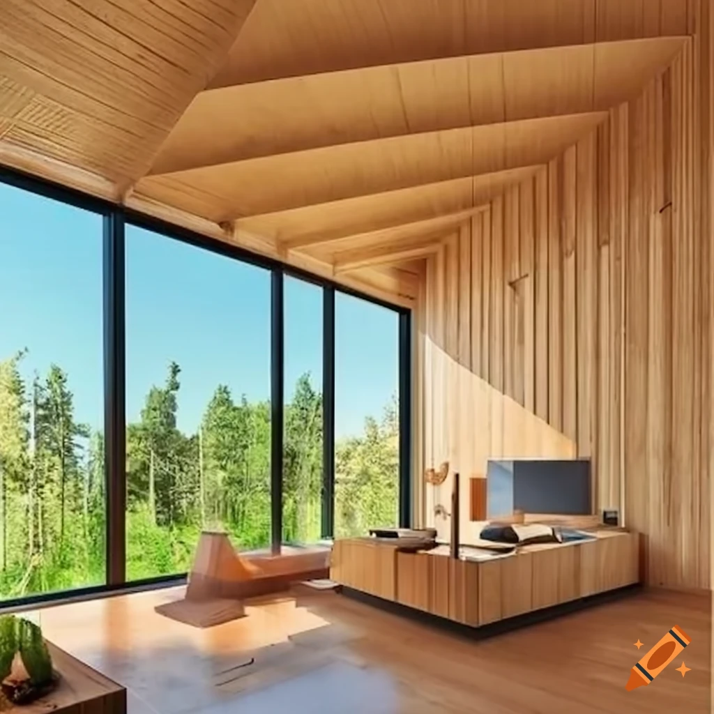 Interior of a sustainable house made of mass timber on Craiyon