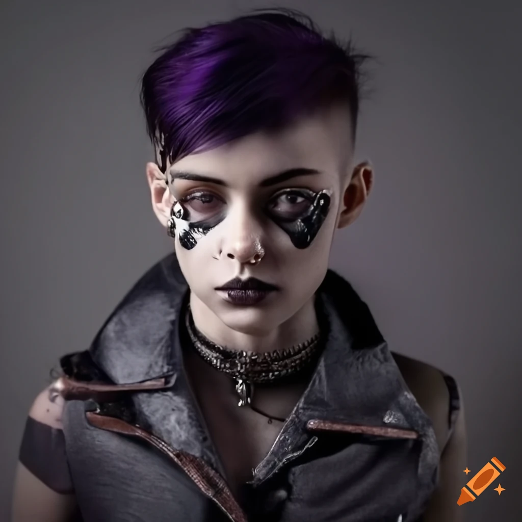 Androgynous person with punk style, black short hair and piercings on ...