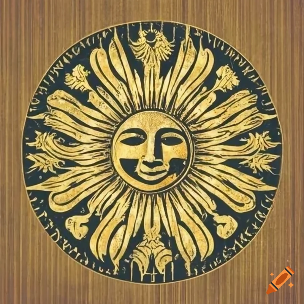 Vintage gold engraving of a classical sun with a smiling face on Craiyon