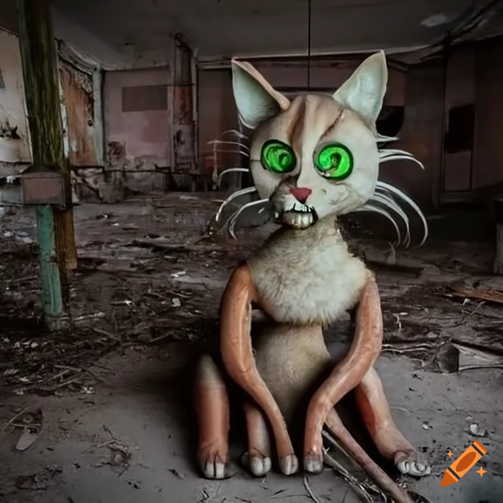 Creepy stylized cat animatronic from the 90's in an abandoned factory ...