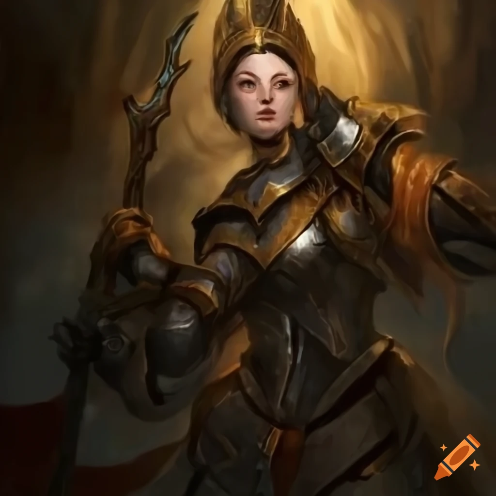 Warrior thyra in full heavy armor taking a selfie on Craiyon