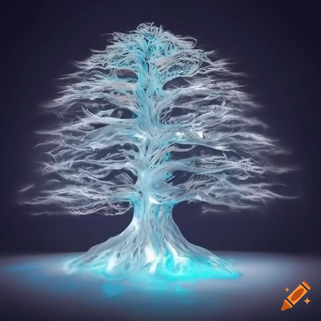 Glowing silver tree in a mystical setting on Craiyon