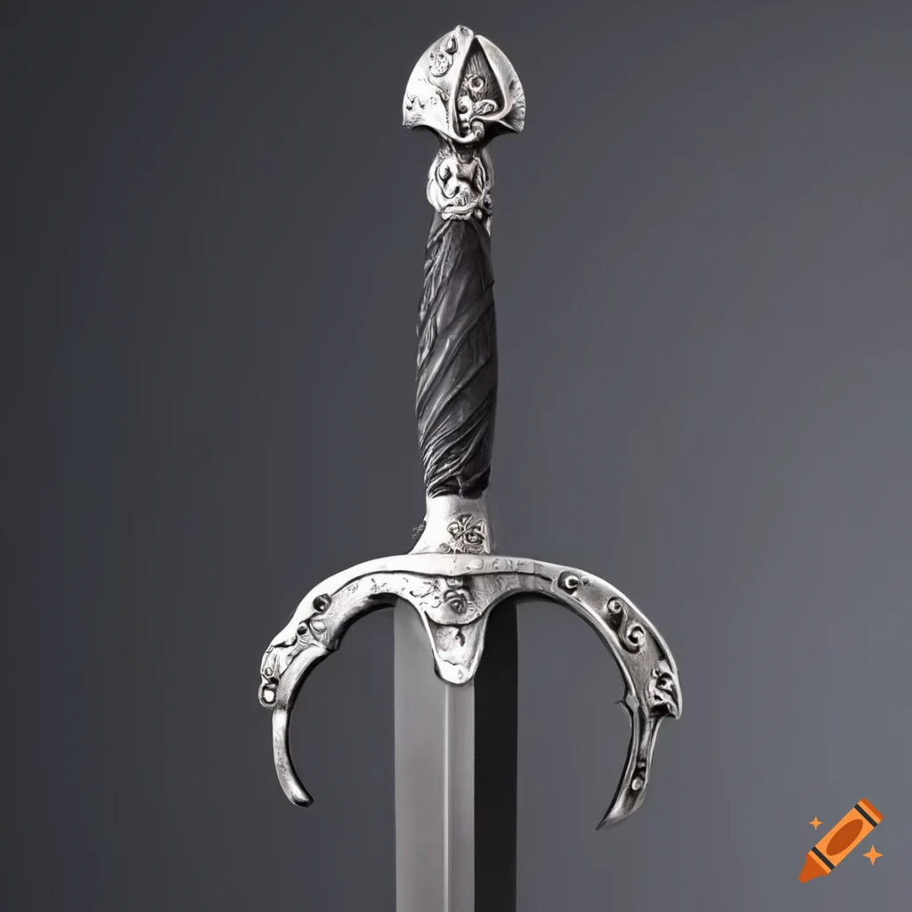 Medieval-style longsword with a raven-symbol adorned hilt on Craiyon
