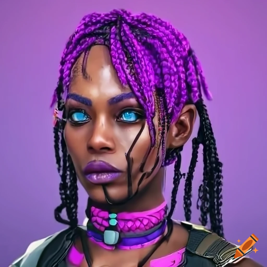 Futuristic African American individual with purple hair and cybernetic ...