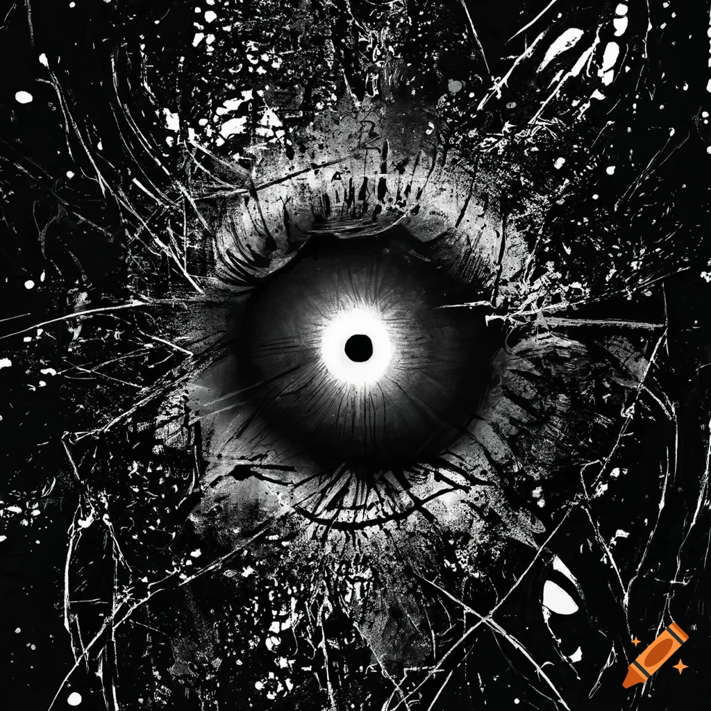 Abstract black and white eye splatter art by Yoji Shinkawa on Craiyon