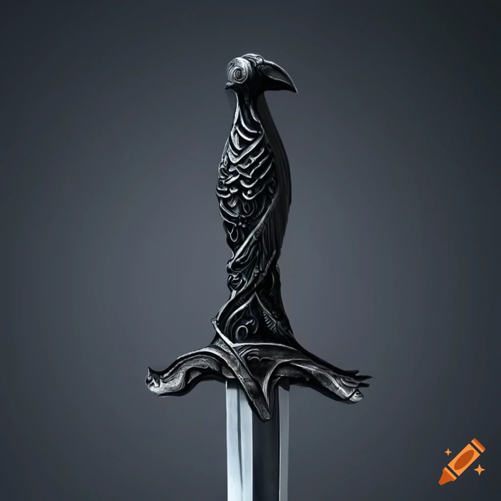 Intricately carved dark longsword with raven-themed symbols on Craiyon